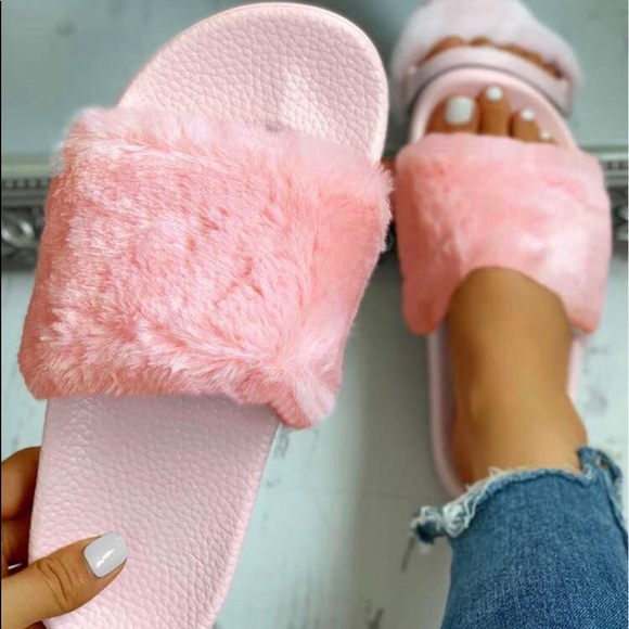 Shoes | New Pink Fluffy Slides | Poshmark